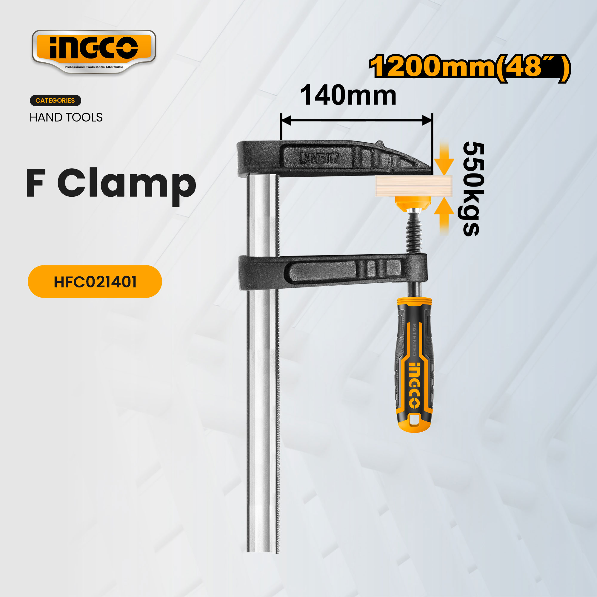 Ingco Industrial F Clamp 140x1200mm for Steel Bar & Wood HFC021401 IHT ...