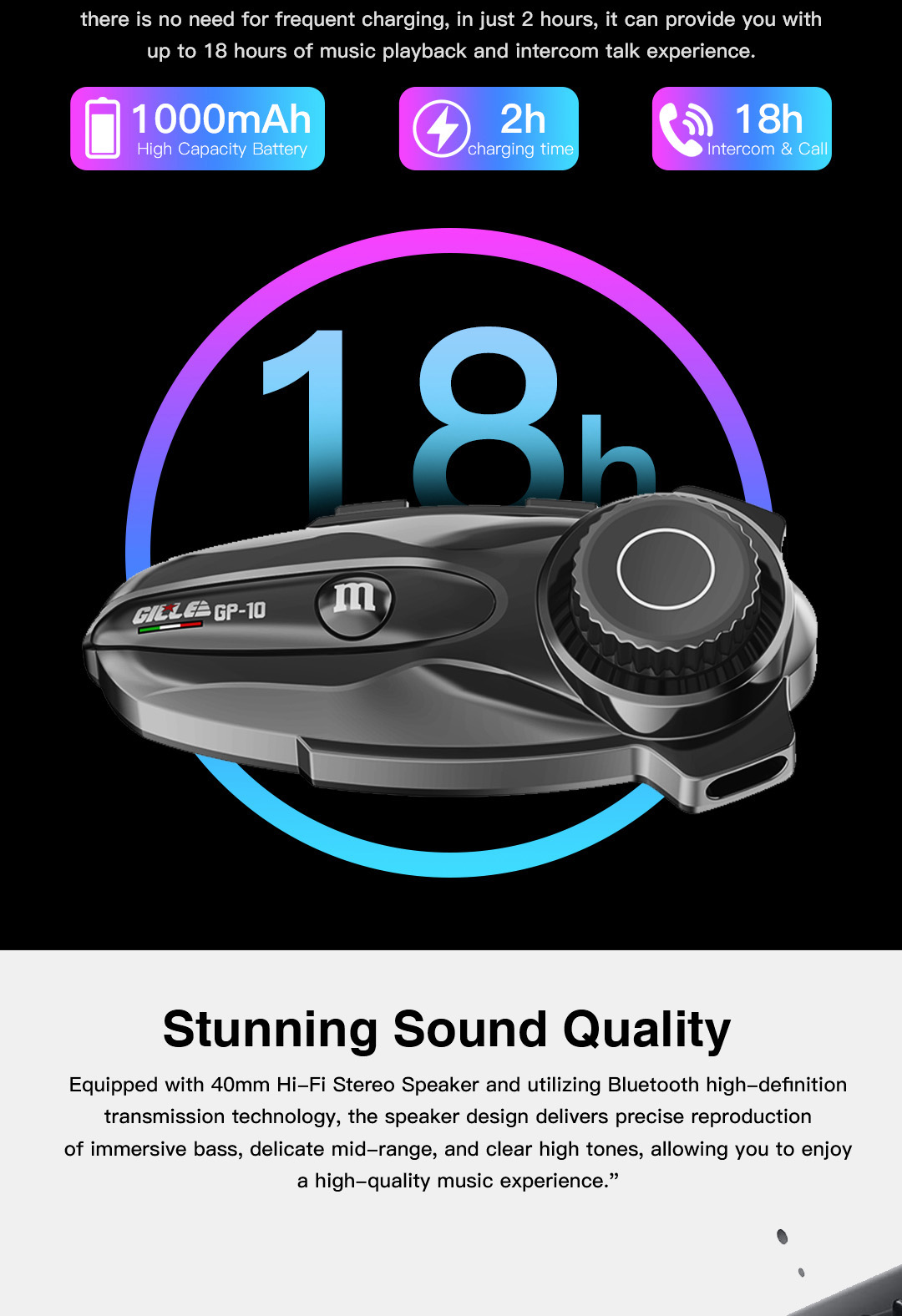 GILLE GP10 Mesh Motorcycle Intercom For Helmet Hi-FI Sound Bluetooth 5. ...