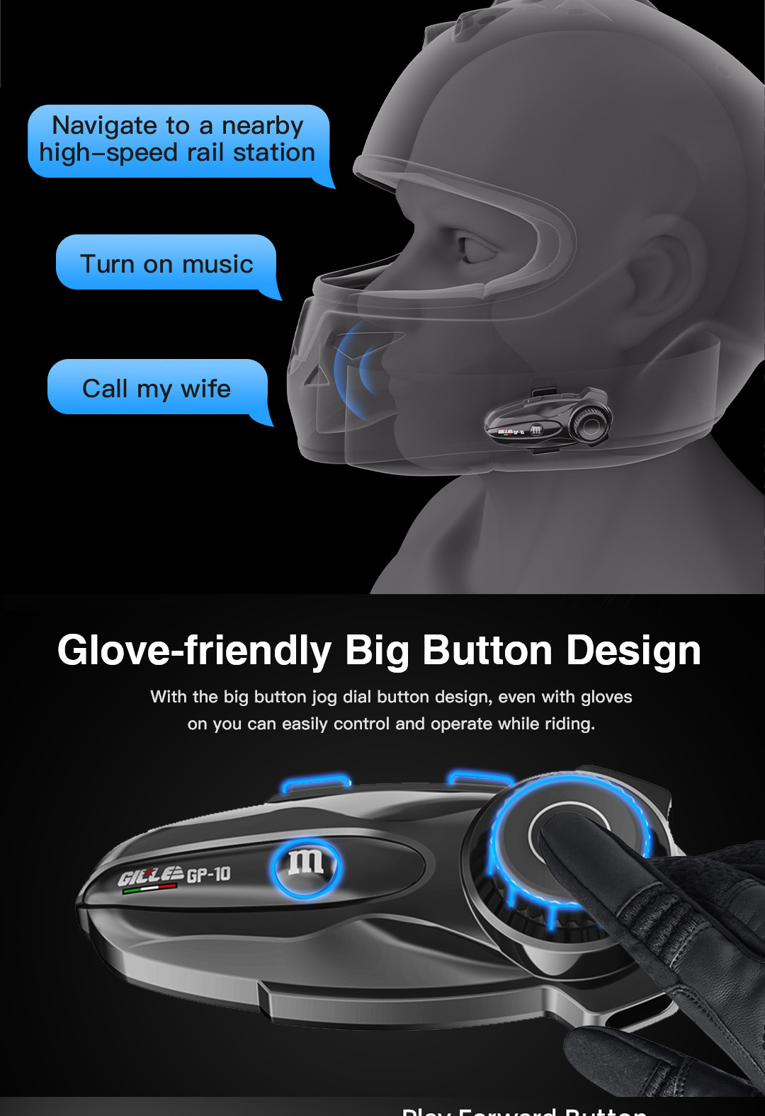 GILLE GP10 Mesh Motorcycle Intercom For Helmet Hi-FI Sound Bluetooth 5. ...