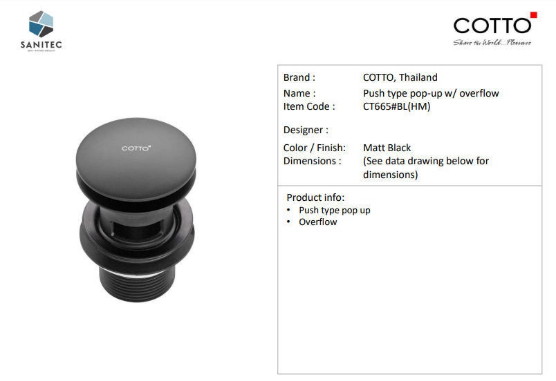 Cotto Push type pop-up w/ overflow CT665#BL(HM) | Shopee Philippines