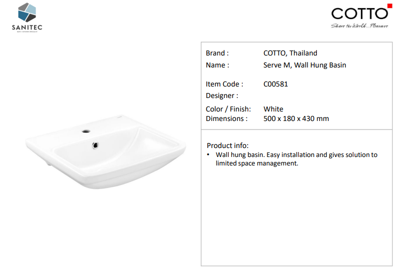 Cotto Serve M wall hung basin C00581 | Shopee Philippines