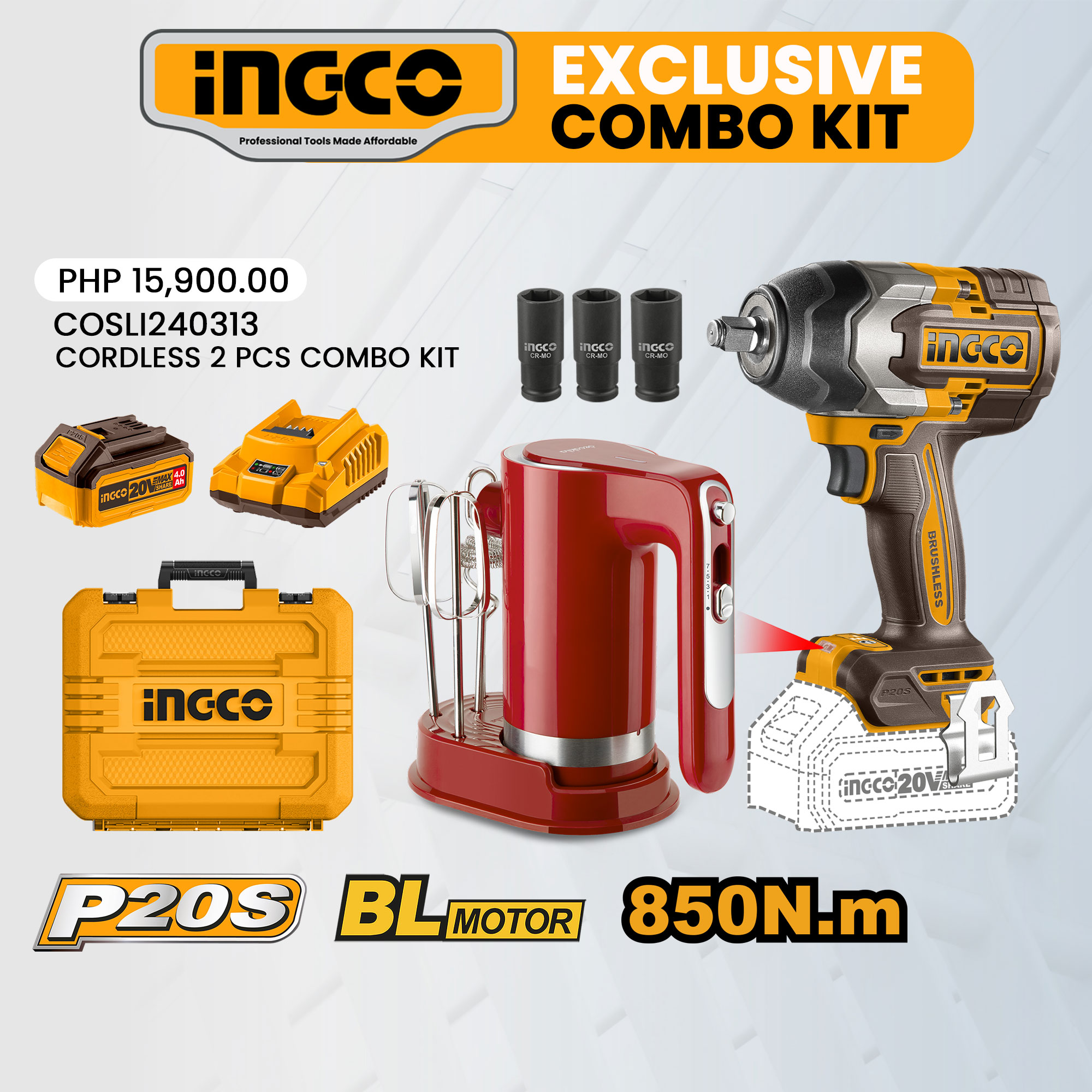Ingco 2pcs Combo Kit Set Lithium-Ion 20V Cordless Impact Wrench And ...