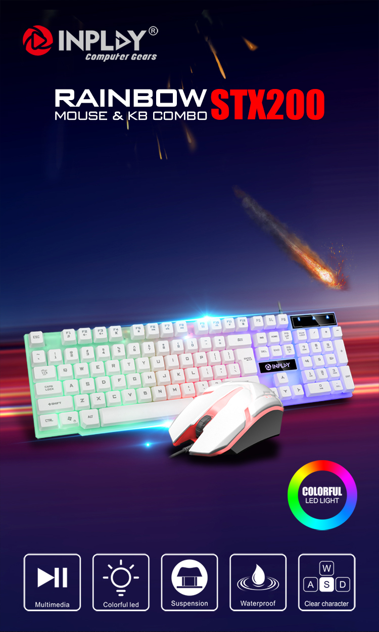 Inplay STX200 Keyboard Mouse Set Rainbow RGB Suspended Backlit Gaming ...