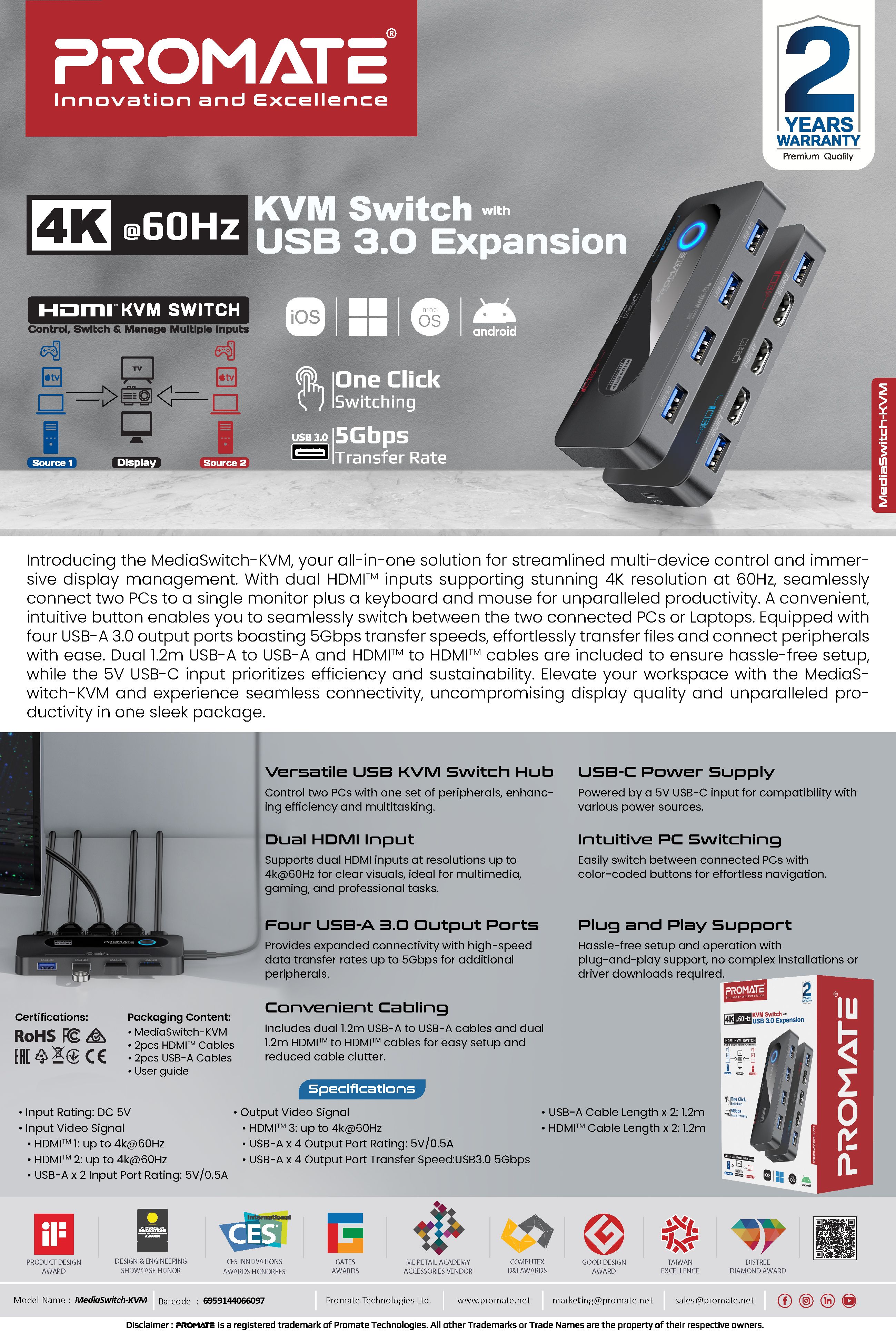 Promate MediaSwitch-KVM 4K@60Hz KVM Switch with USB 3.0 Expansion ...