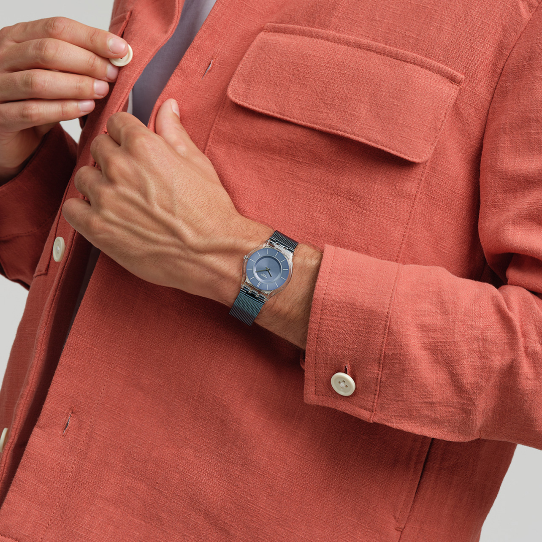 Swatch Skin Classic Cool Skies SS08K120M Blue Stainless Steel Mesh ...