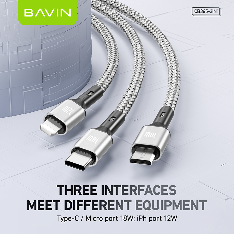 BAVIN CB365 3-in-1 Fast Charging Cable Nylon Braided 3A 480Mbps Data ...
