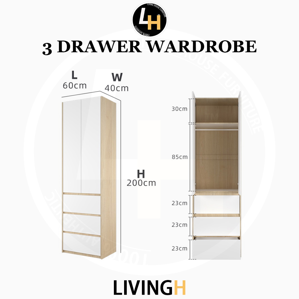 LIVING 2M Height Wardrobe 3 Drawer Bigger Size (60*40*200cm) | Shopee ...