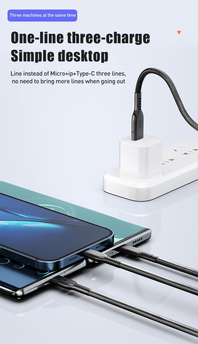 Original 6A 3in1 USB Data Cable Fast Charging Micro Type C to USB Cord ...