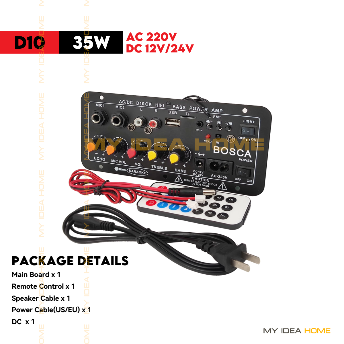 Bosca 35W HIFI Bass Power Amplifier Board AC220V DC12V/24V Dual Mic Car ...