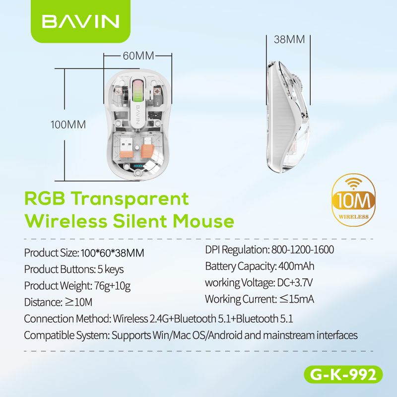 BAVIN K992 RGB Wireless Gaming Mouse w/ Translucent Magnetic Top Cover ...