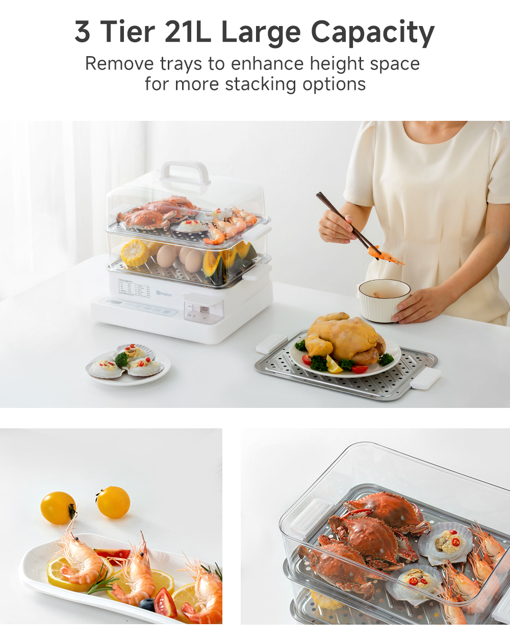 Simplus Electric Food Steamer 3 Tier 21L Large Capacity 1300W ...