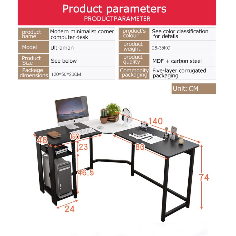 MC&HOME L-shape Table Computer Desk 140CM Corner Working Table Learning ...