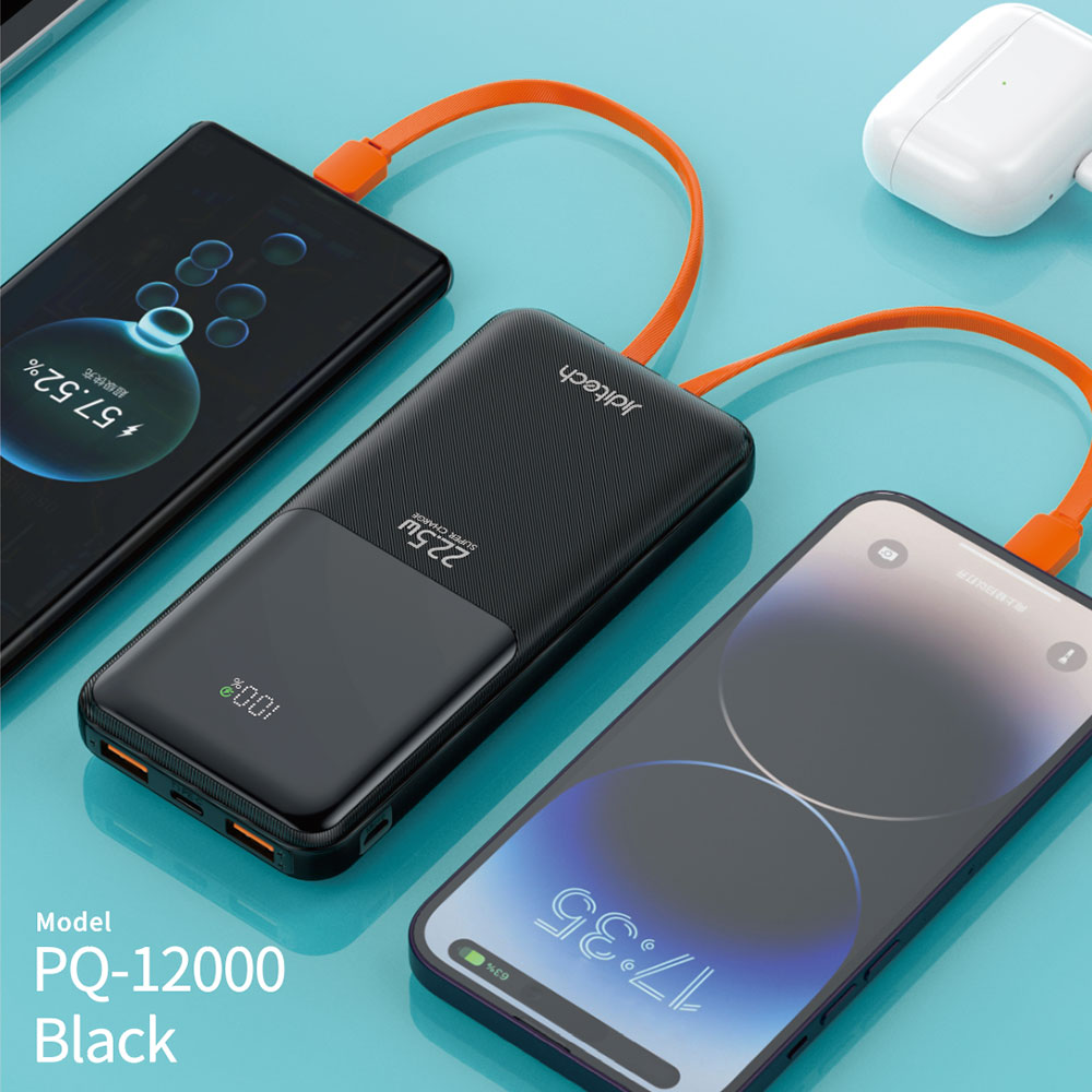 Jiditech Real 12000mAH Power Bank Built in Two Cables Slim Portable 22 ...