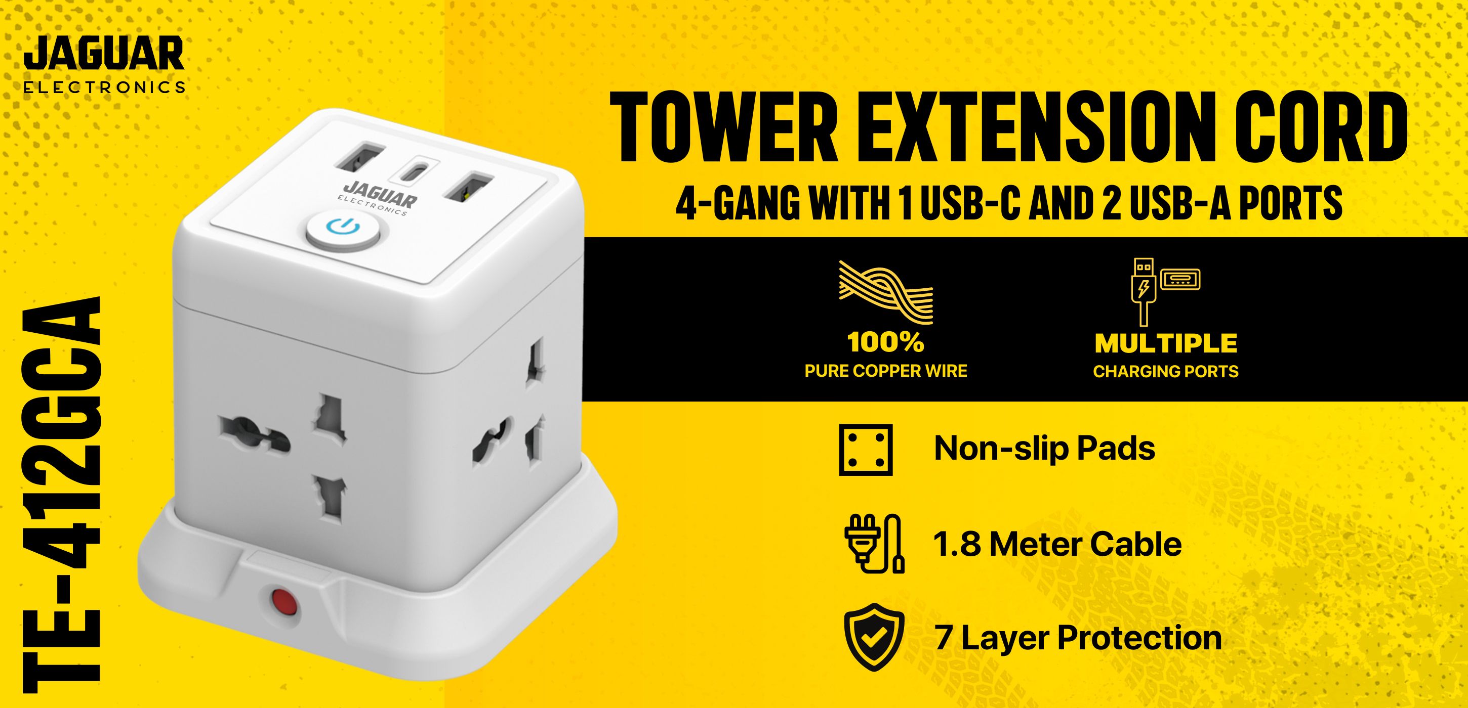 Jaguar Electronics Tower Extension Cord with USB-C and USB-A Ports ...