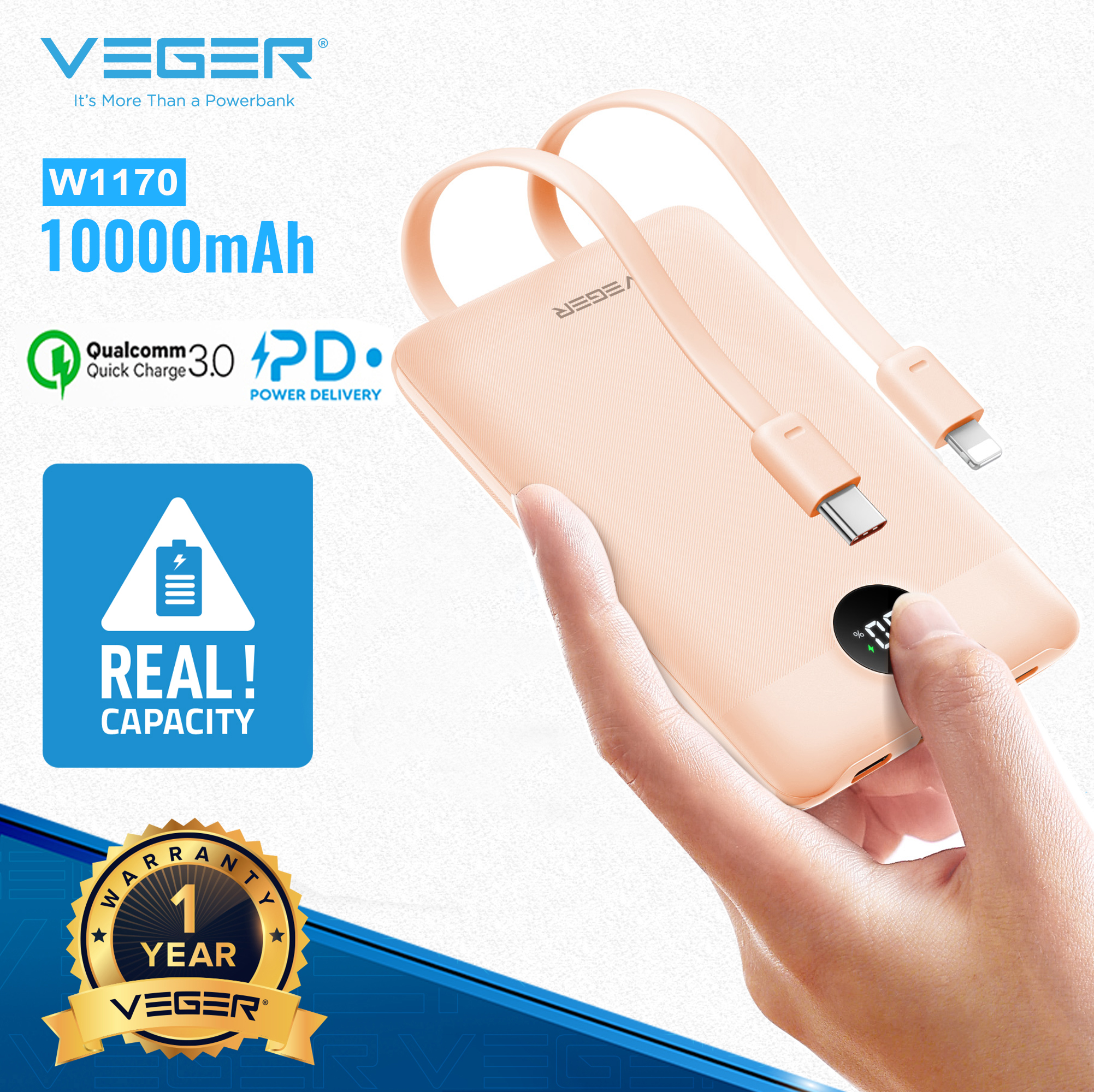 VEGER W1170 10000mAh PD Fast Charger Power Bank Lightweight Slim ...