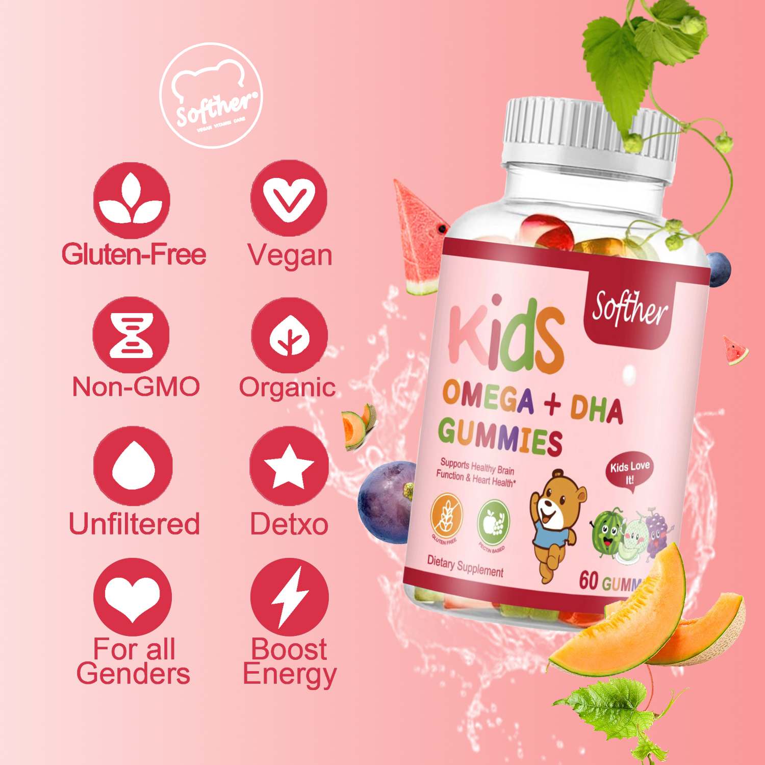 Softher Kids Gummies OMEGA DHA Vitamin C Children Gummy Health Supports ...