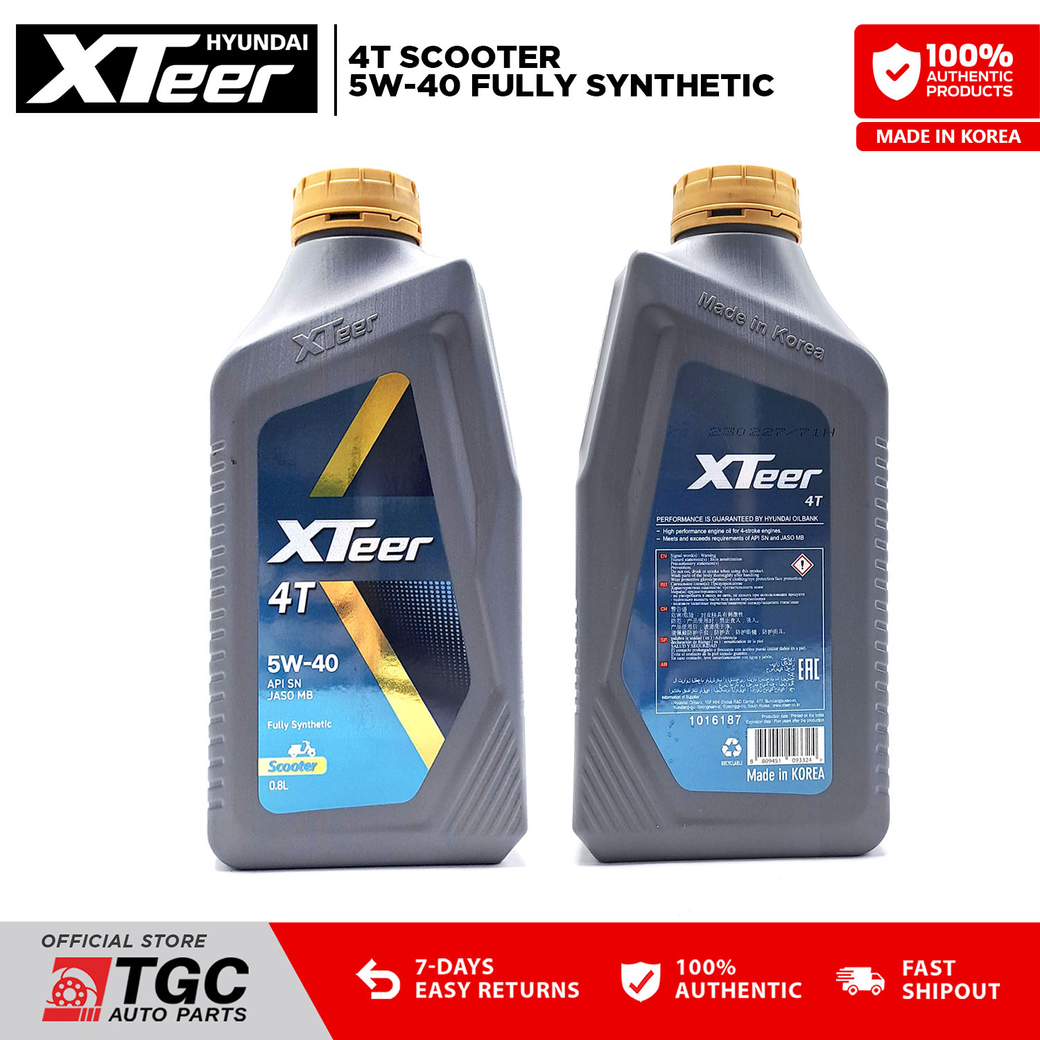 Xteer 4T Scooter API SN JASO MB 5W-40 Fully Synthetic oil 0.8L - 1pc ...