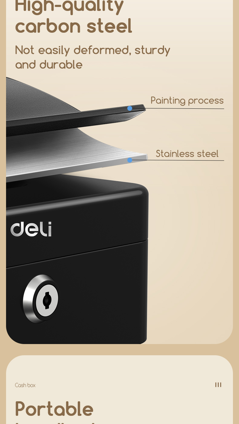 Deli Cash Box With Lock Portable Safety Cash Coin Money Box Security ...
