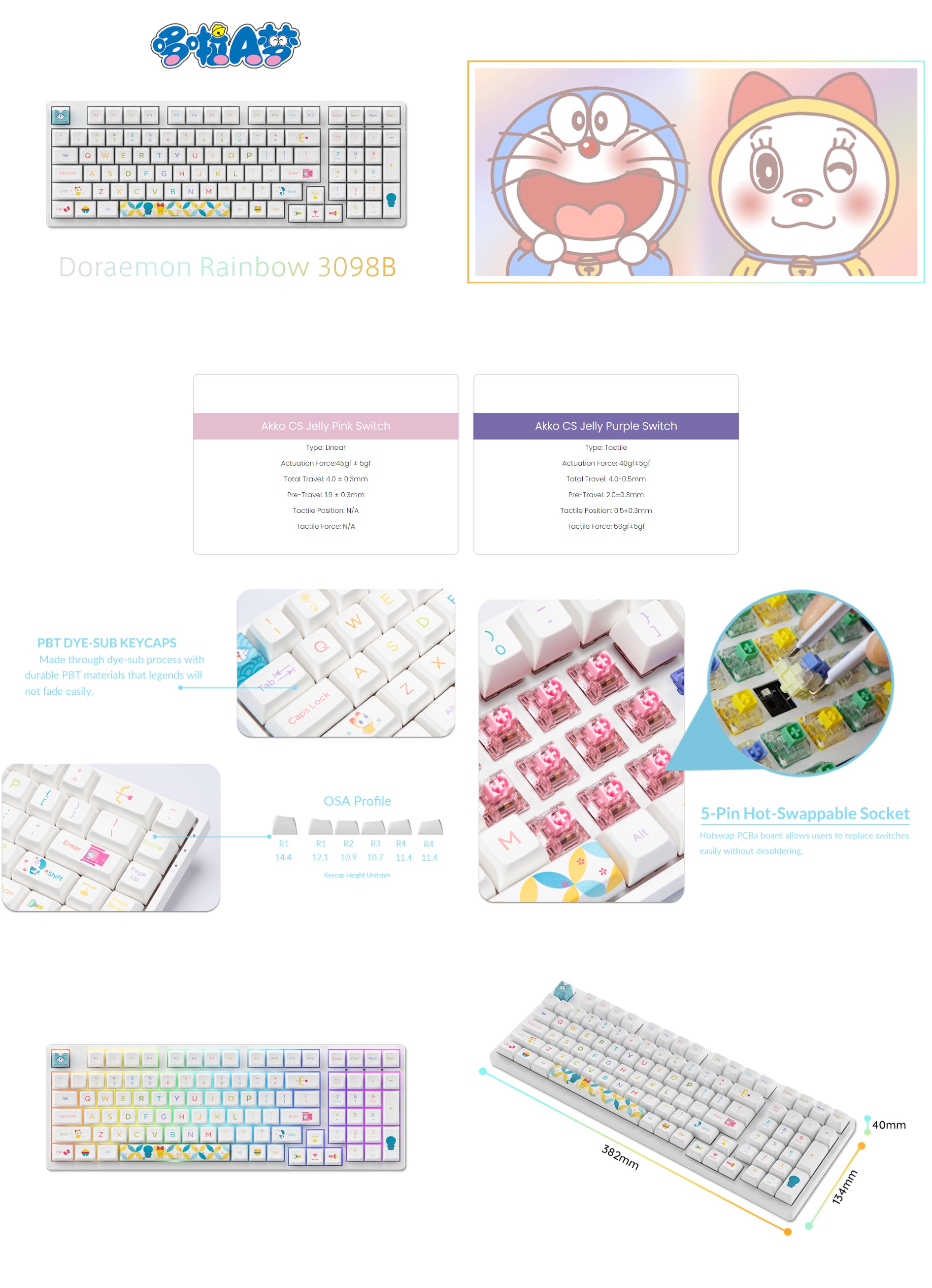 Akko Doraemon Rainbow 3098B Multi-Modes RGB Hot-Swappable Mechanical ...