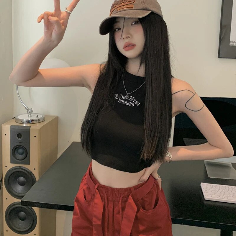 Korean Racer Back Crop Top for Women embroidered Knitted Korean Trendy ...