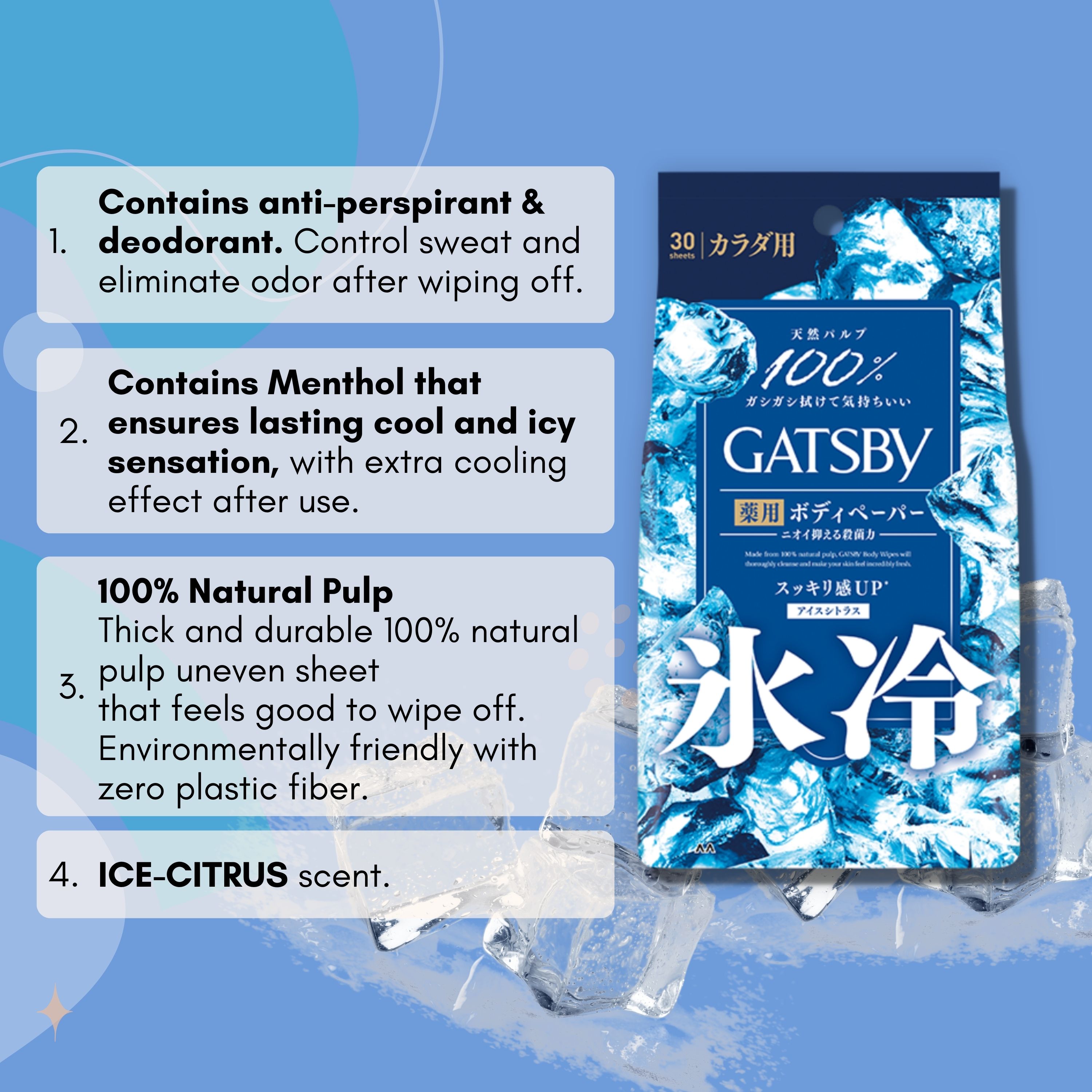 Gatsby Deodorant Body Wipes Ice Citrus (Ice-type) 30 sheets | Shopee ...