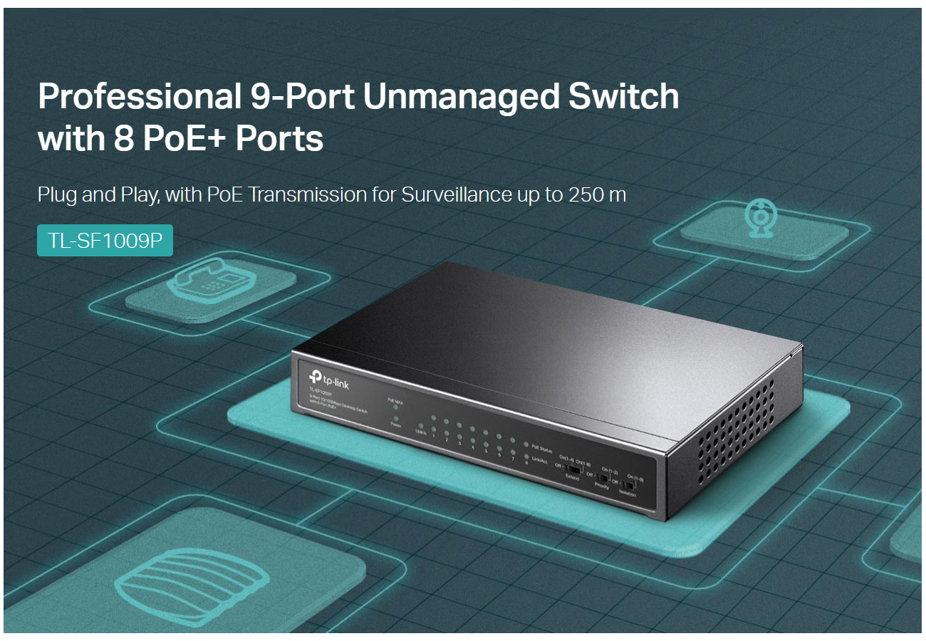 TP-Link TL-SF1009P 9-Port 10/100Mbps Desktop Switch with 8-Port PoE+ 65W Network HubTP LINK ...