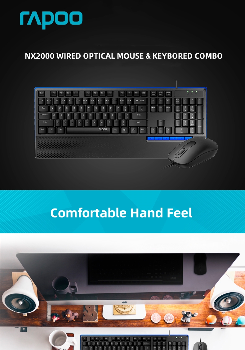Rapoo NX2000 Wired Keyboard and Mouse Set Combo 1600DPI Spill-Resistant ...
