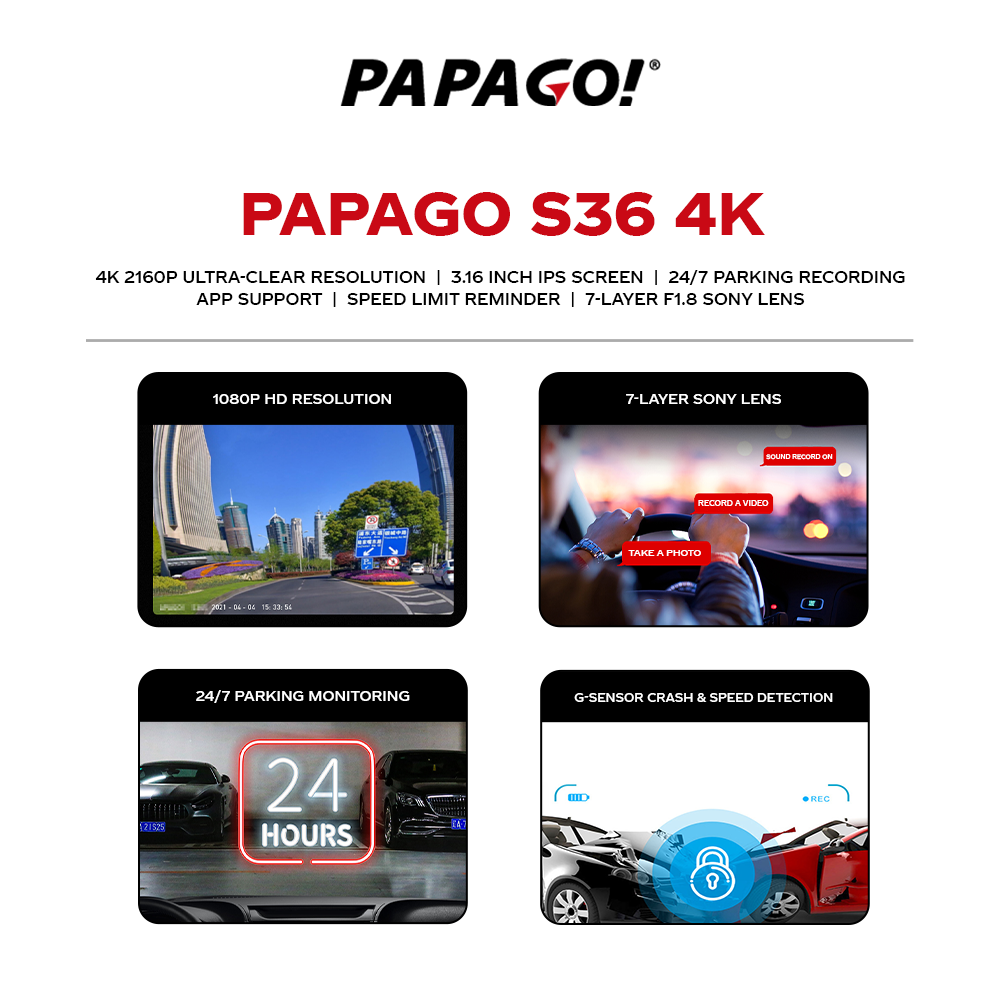 PAPAGO! S36 4K Dashcam: FREE SD Card 4K 2160P Ultra-Clear Resolution, 7-Layer Sony Lens, 24/7 ...
