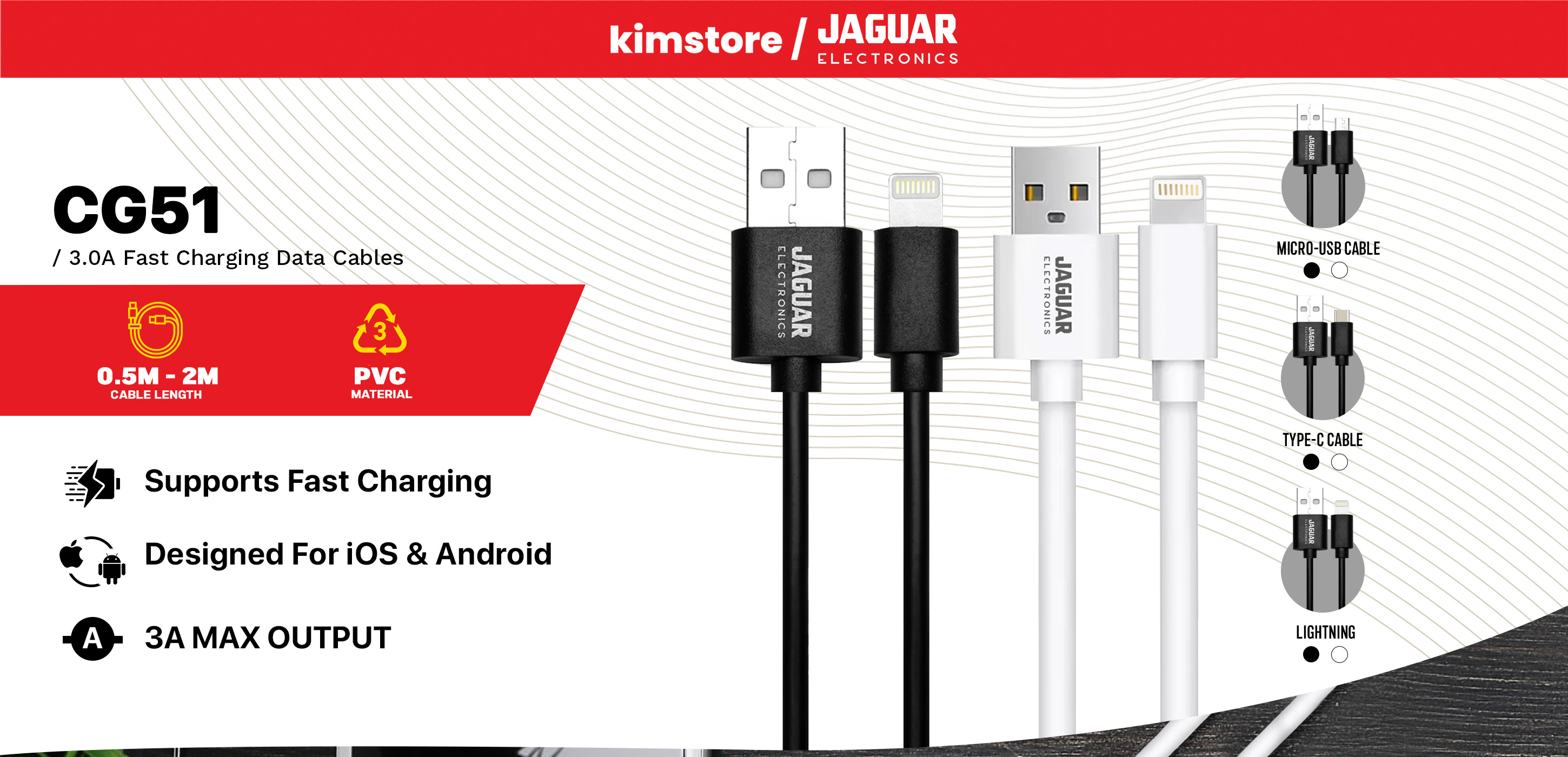 Jaguar Electronics CG51 3.0A 0.5/1/2 Meters Fast Charging Data Cable ...