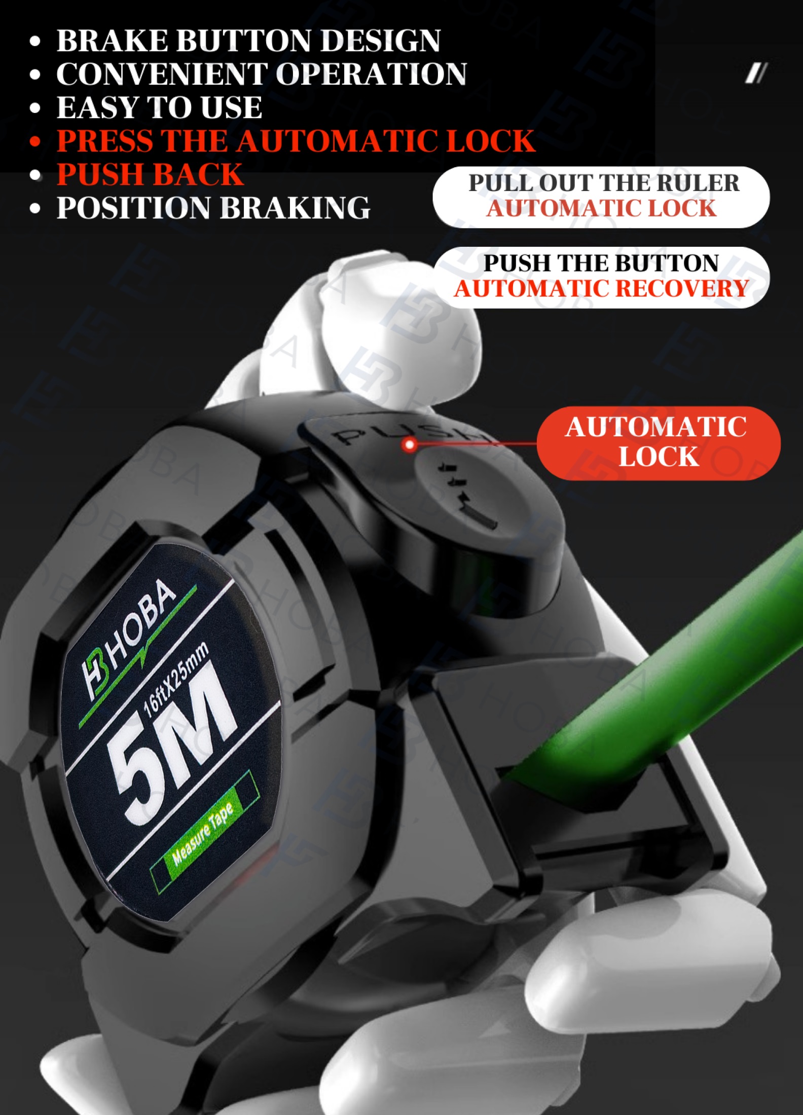 Hoba 5-10M Metro Steel Measuring Tape Fluorescerous Auto Lock Meter ...