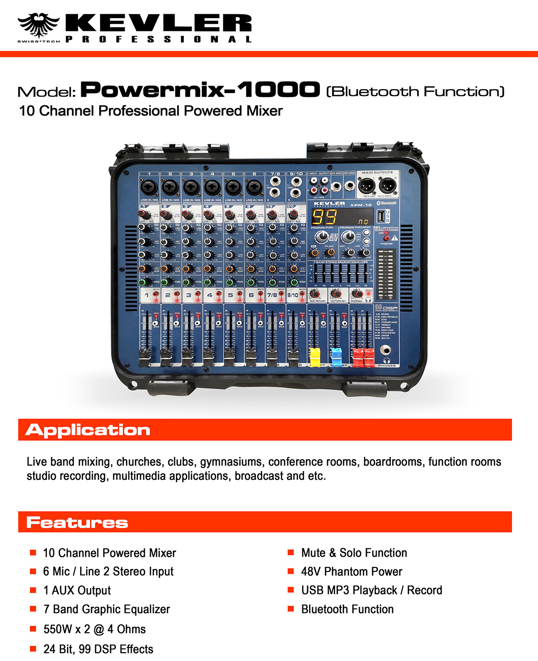 KEVLER POWERMIX-1000 10-Channel Bluetooth Mixer w/6 Mic/Line 2 Stereo ...