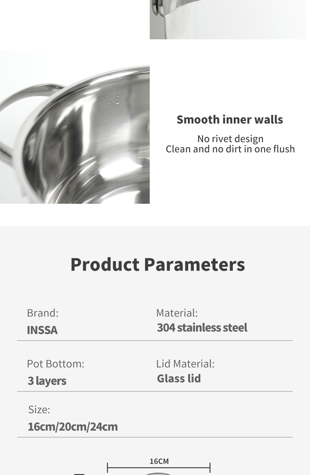 INSSA Cookware Set 304 Stainless Steel Soup Pot 16/20/24cm | Shopee ...