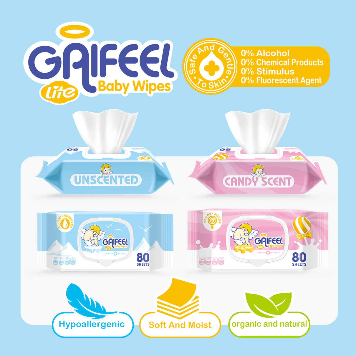 GAIFEEL LITE Unscented/CANDY Scent 84 SHEETS Wet Wipes for Baby 5 Packs ...