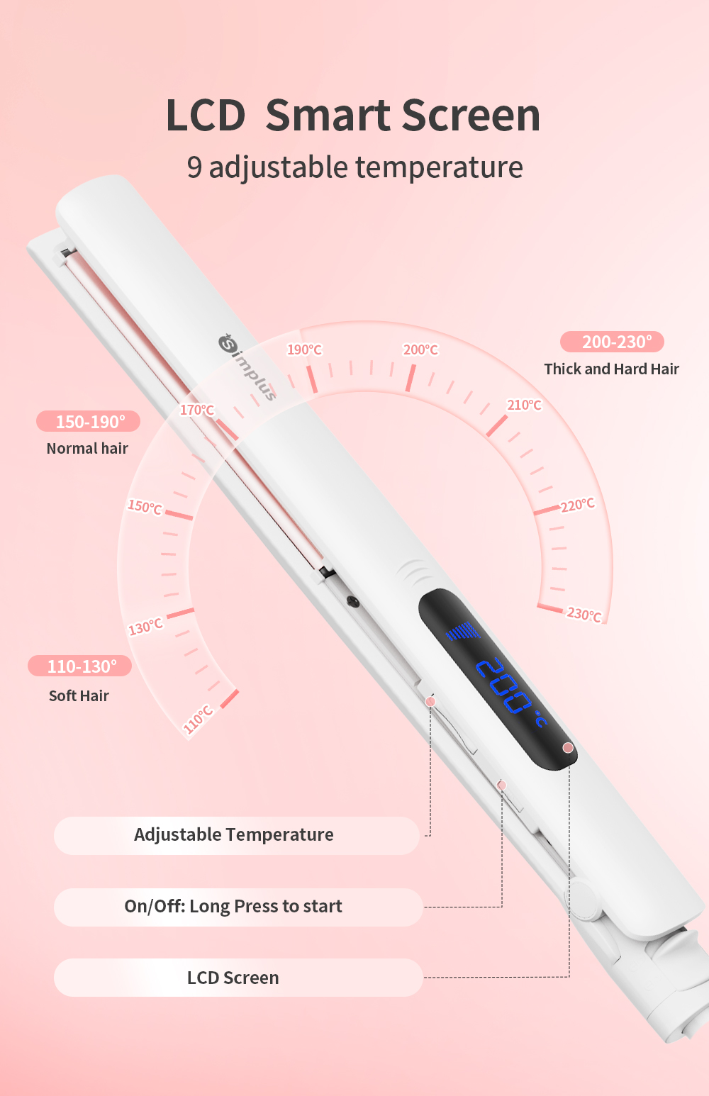 SimplusPink Hair Straightener and Curler LCD Smart Screen 9 Adjustable ...