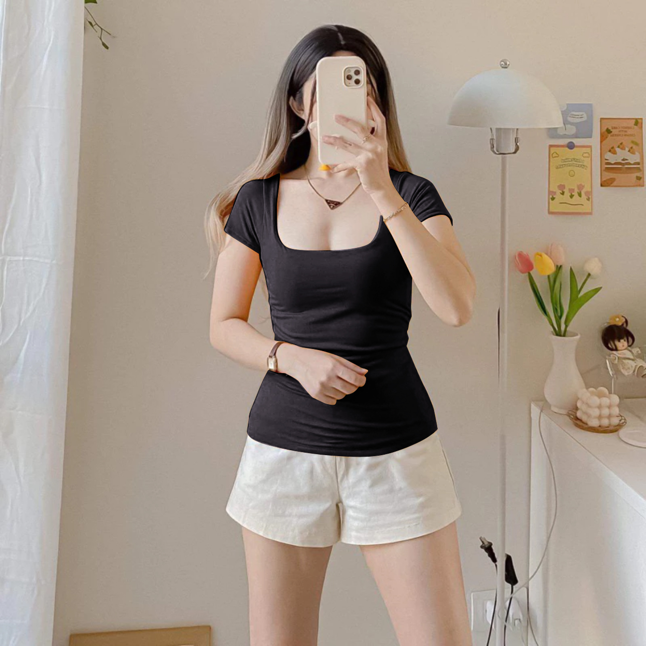 Angelcity Double Lining Top Square Neck Full Length Basic T Shirts ...
