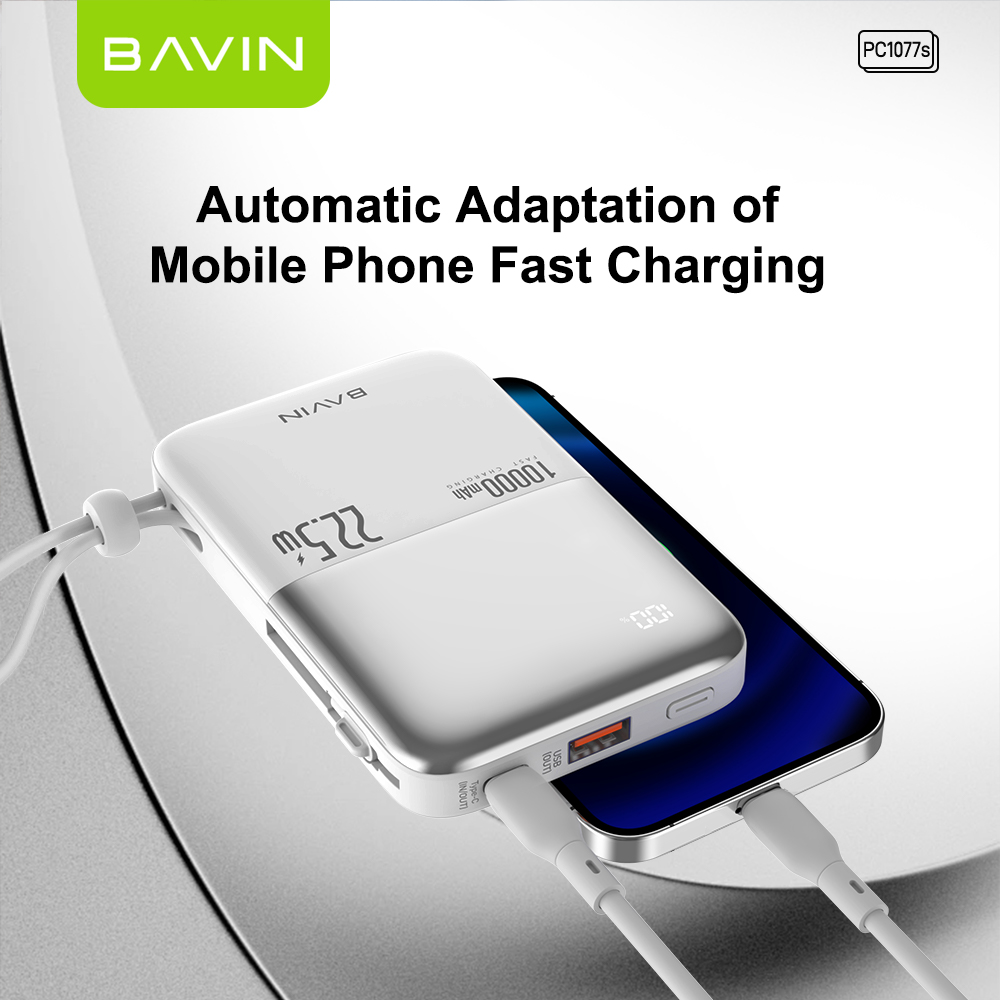 BAVIN PC1077 Mini Slim Fast Charging Powerbank 10000mAh 22.5W w/ Built-In LED Display & Cable ...
