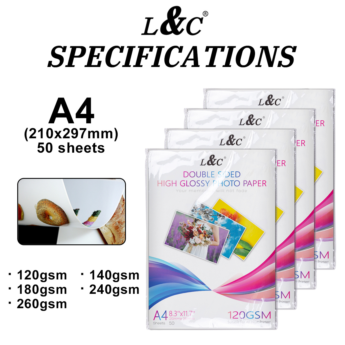 L&C Double Sided Glossy Photo Paper A4 Size 120 140 180 240 260GSM ...