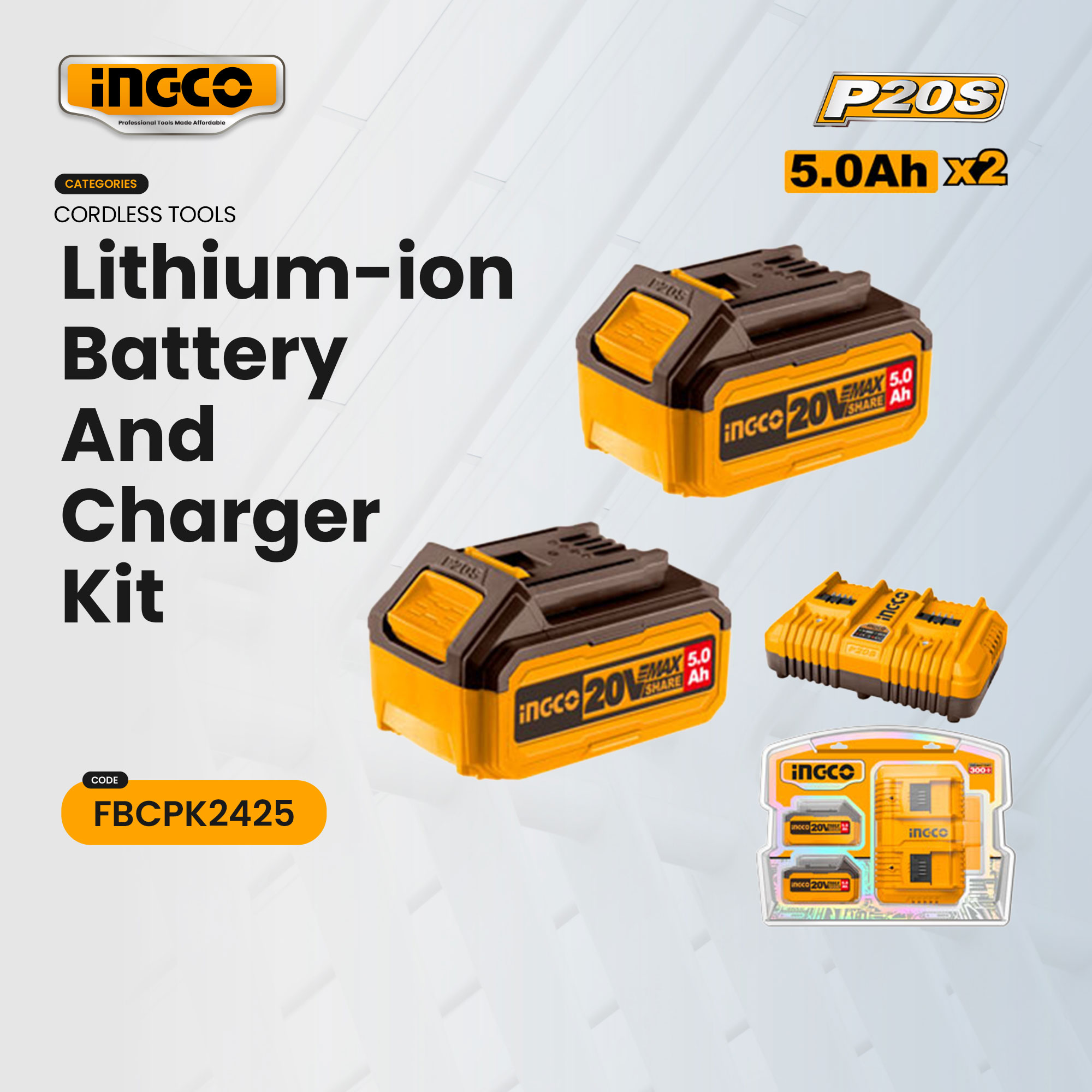 Ingco 2X SET P20S Lithium Battery and Charger Kit FBCPK2425 ICPT ...