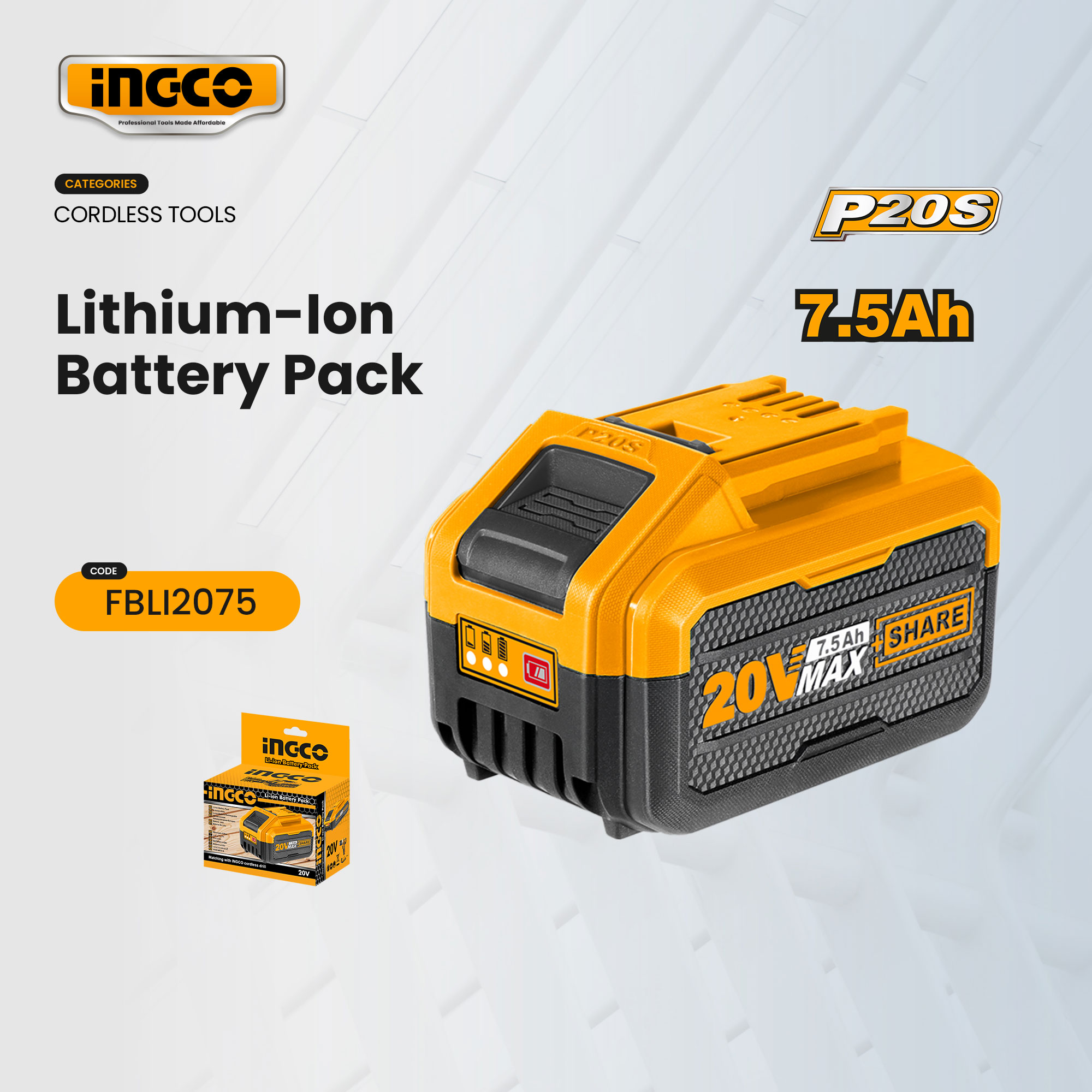 Ingco 20V Lithium-Ion Battery Pack 4.0AH -7.5Ah Rechargeable Cordless ...
