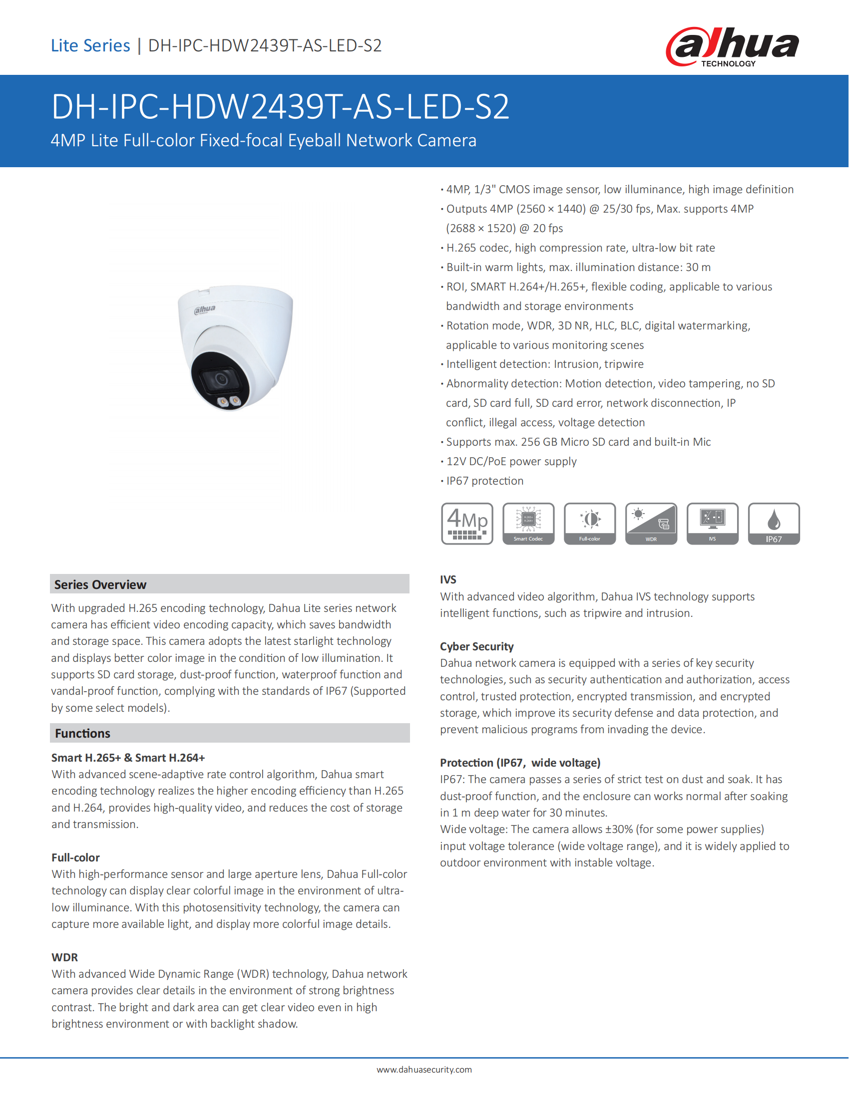 Dahua 4MP IR Full-color Eyeball Network Security Camera Wired Outdoor ...