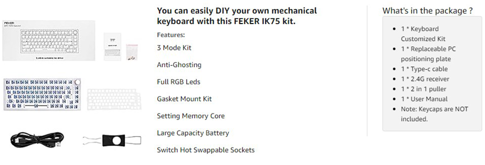 FEKER IK75 PRO 3Mode Kit 75% Layout Hot Swappable Gasket Mechanical ...