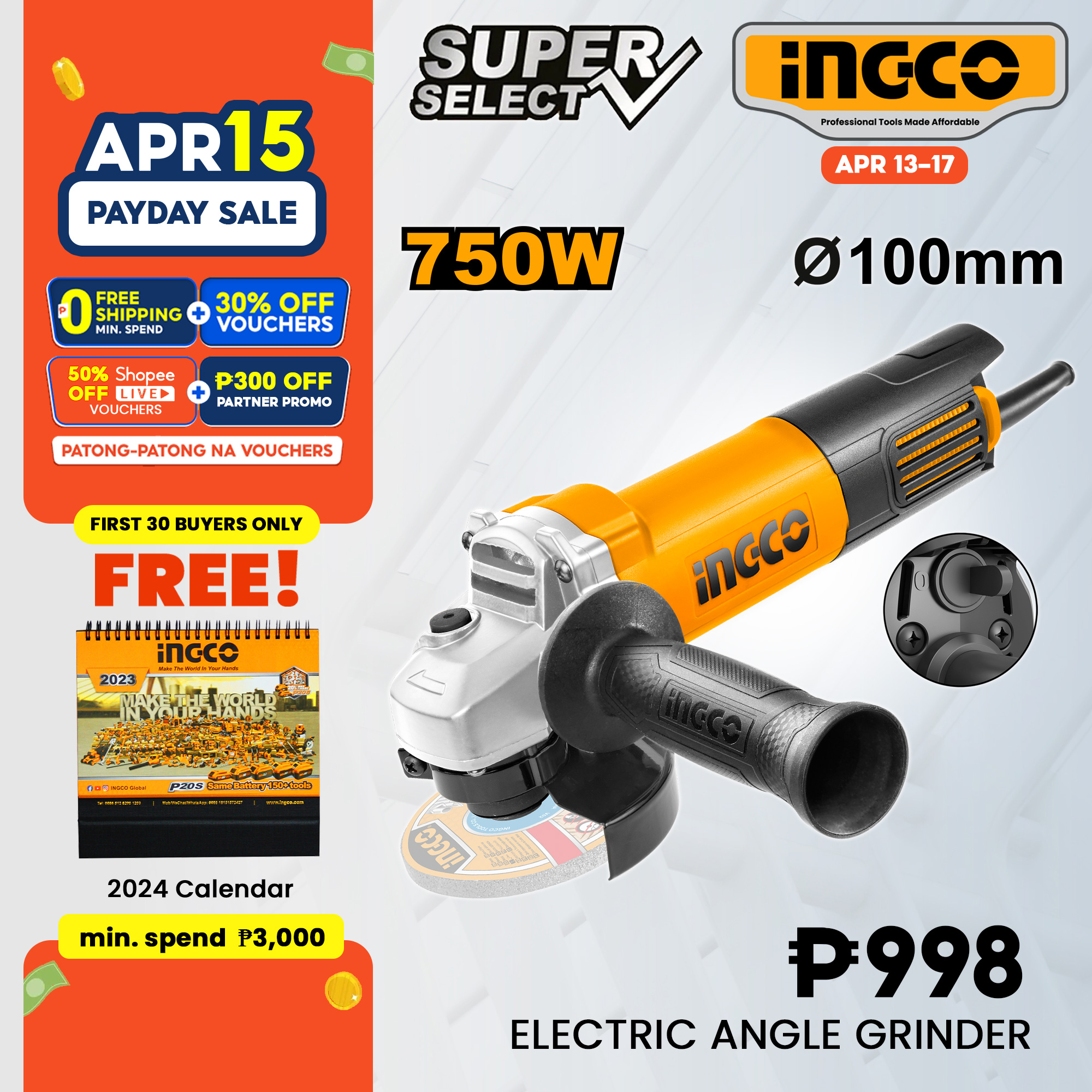 INGCO Electric Angle Grinder Cutting Machine 750W AG70012 IPT | Shopee ...