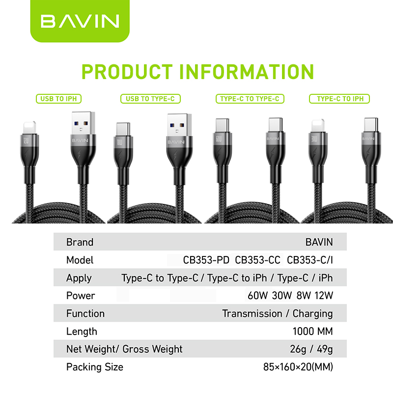 BAVIN CB353 60W 30W 18W 12W Fast Charging Data Cable 1 Meter Nylon ...