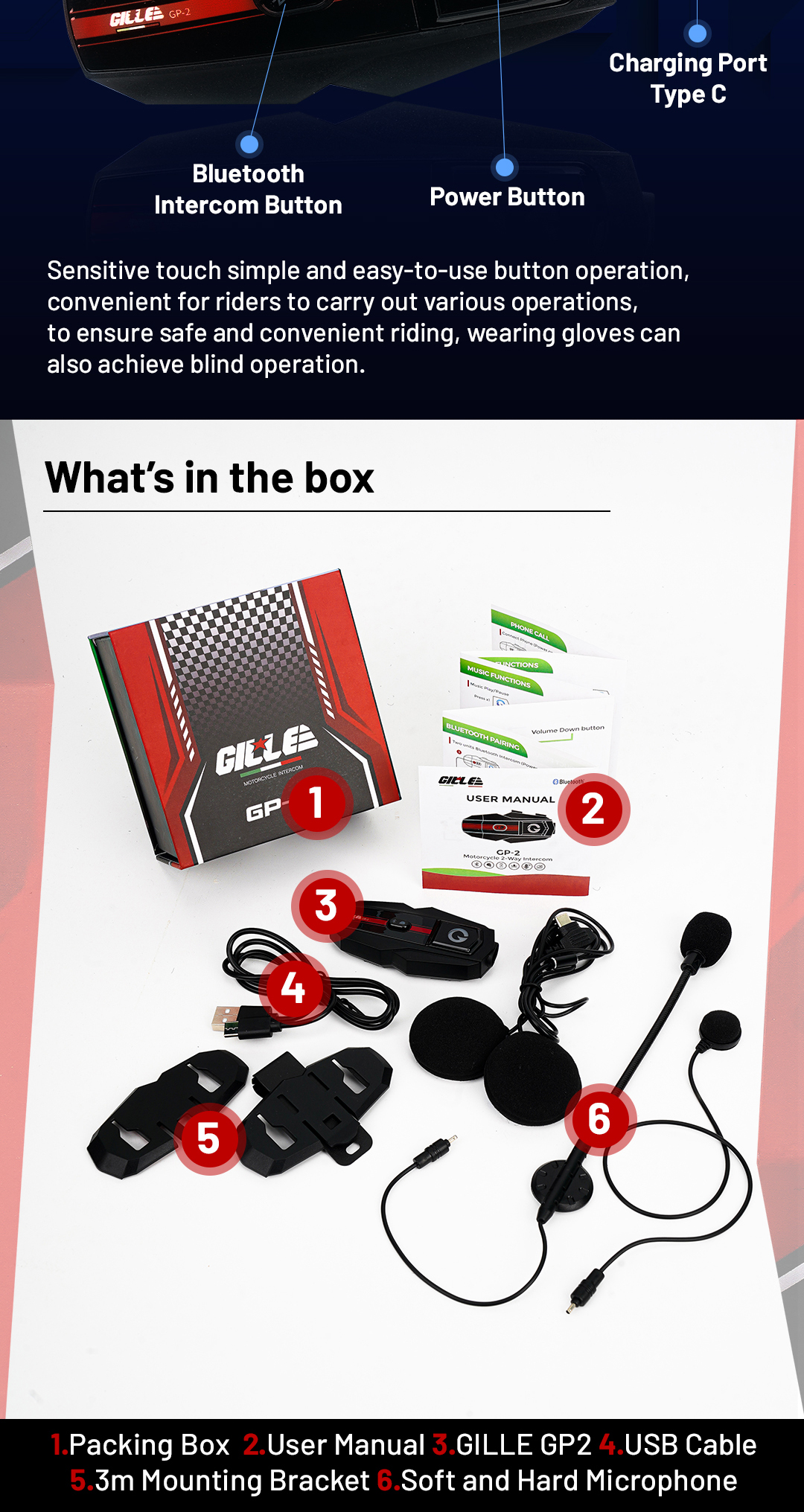 GILLE GP2 Bluetooth 5.3 2-Way Intercom For Motorcycle Helmet HIFI Sound ...