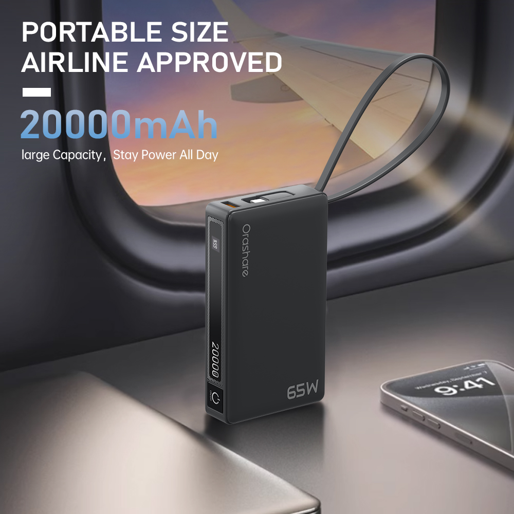 Orashare PLC265 Powerbank 20000mAh PD 65W Built-in Type C Cable Super ...