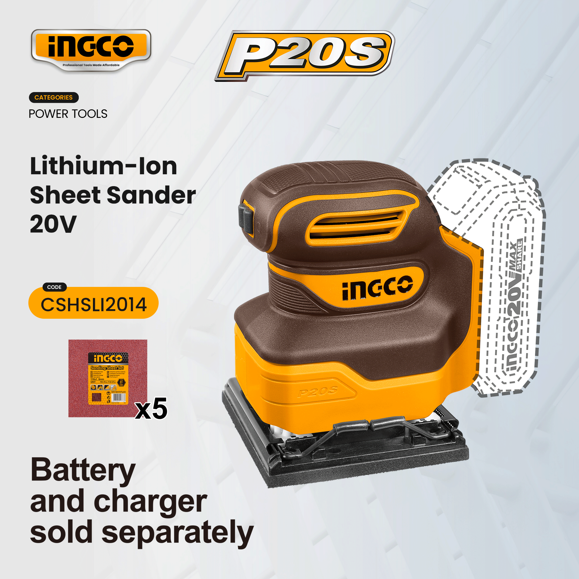 Ingco 20V Lithium-Ion Cordless Palm Sander Wood Sander for Wood Working ...