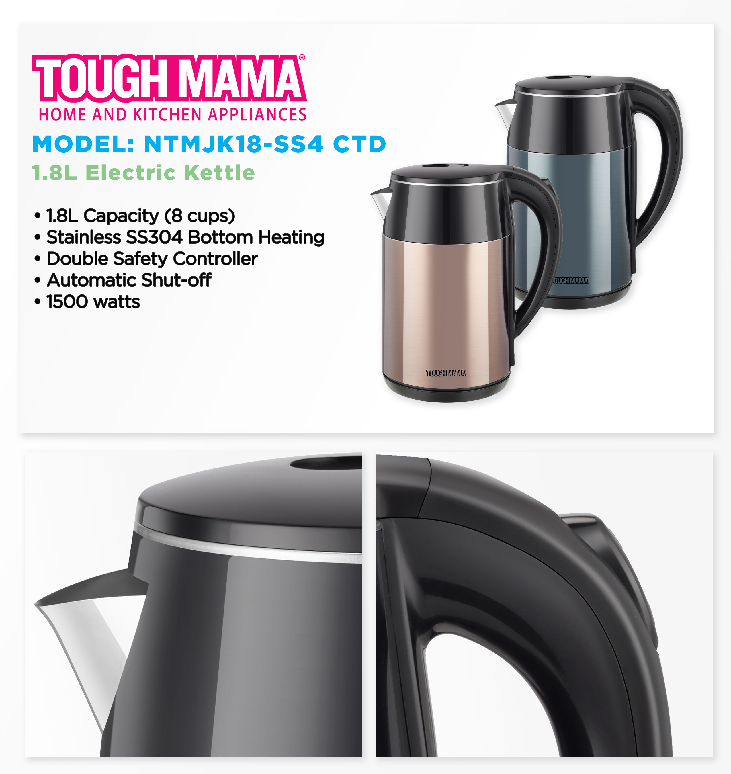 Tough Mama NTMJK18-SS4 CTD Electric Kettle Stainless Steel 1.8L ...