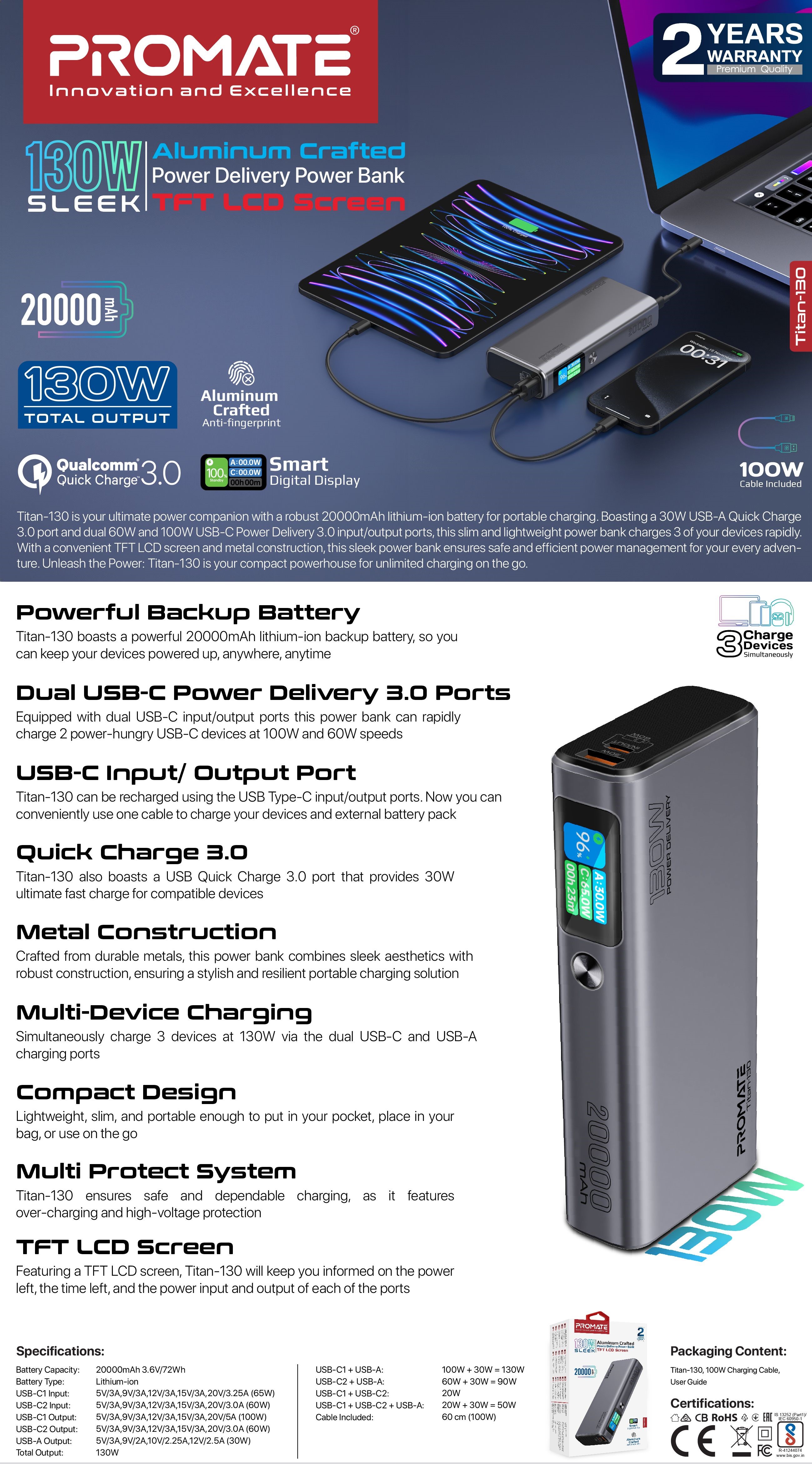 Promate Titan-130 Sleek 130W Multi-Port Power Delivery Power Bank with ...