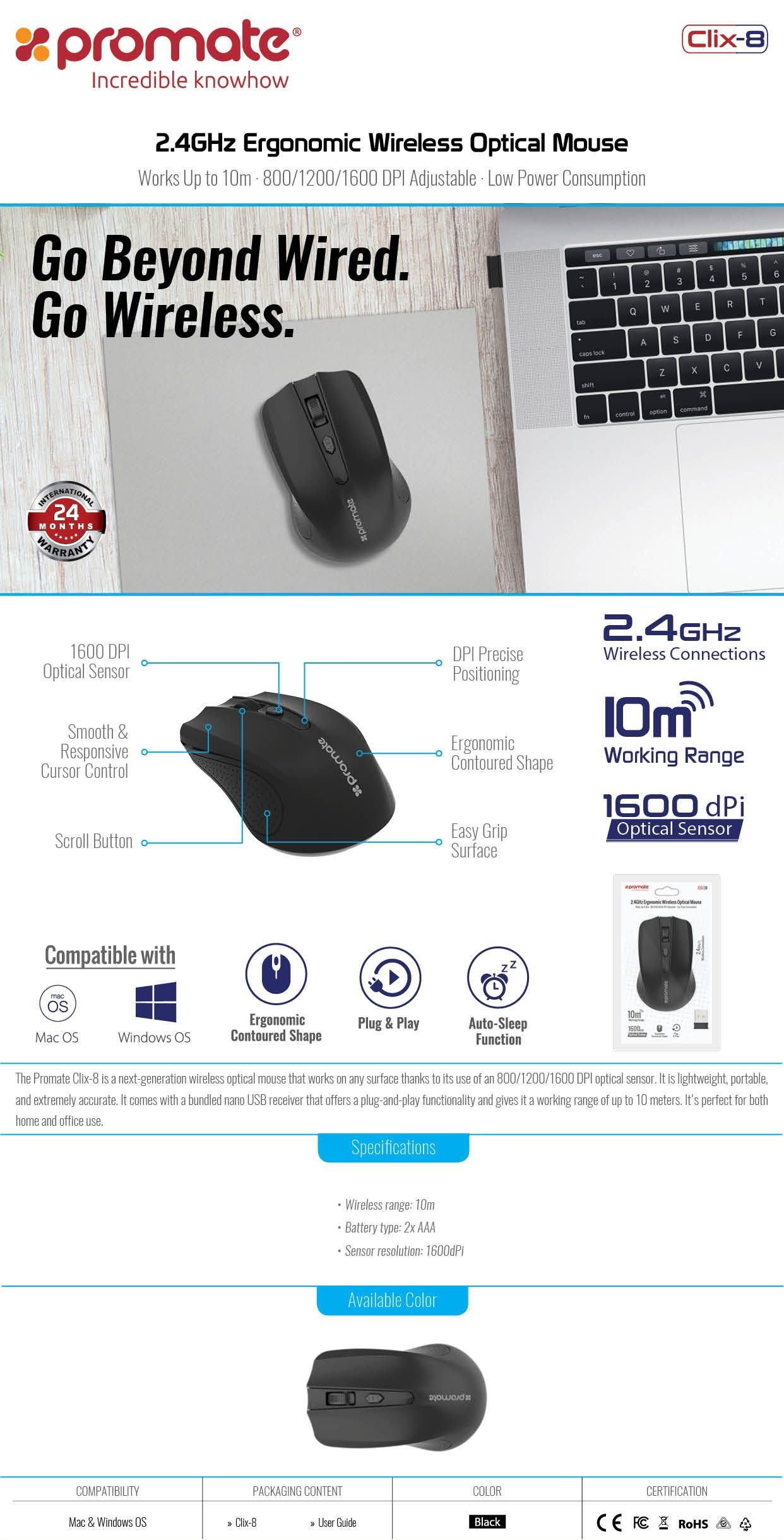 Promate Clix-8 2.4Ghz Wireless Ergonomic Optical Mouse | Shopee Philippines