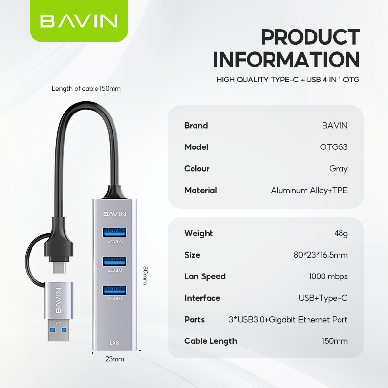 BAVIN O53 Laptop Network Adapter USB 3.0 / USB 2.0 to Ethernet RJ45 Lan ...